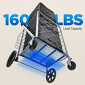 Pipishell Shopping Cart, Heavy-Duty Grocery Cart on Wheels with Extra Rear Basket & Leakproof Cover, Folding Grocery Shopping Cart with High 160 lbs/134 L Capacity, PITUC2S