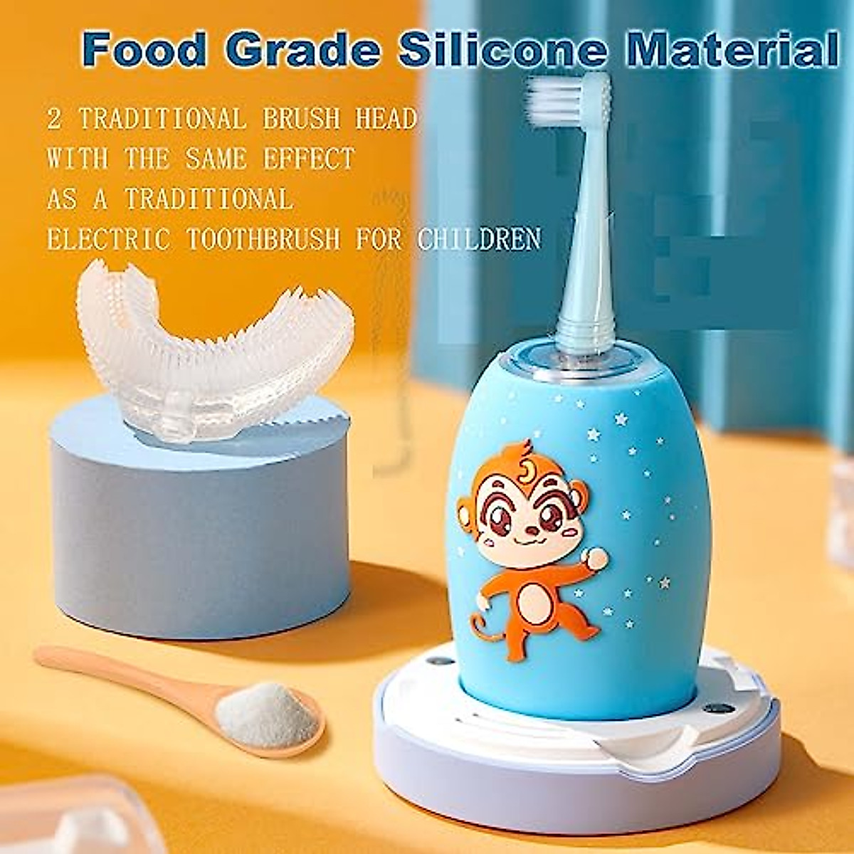 Sunartec Kids Musical U Shaped Toothbrush, Ultrasonic Electric Toothbrushes for Kids 2 Brushing Modes and 1 Gums Care 360° Sonic Toothbrushes for Child 4 Brushheads (Purple and Blue Random)