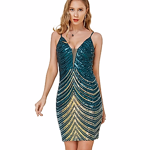 ZRSGXG Women's Sequin V-Neck Evening Dress Suspender Cocktail Mini Evening Dress(Green,X-Large)