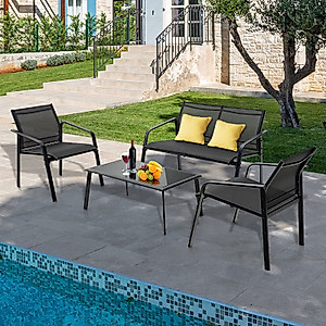 Tangkula 4 Pieces Patio Furniture Set, Outdoor Conversation Set with Tempered Glass Coffee Table, Outdoor Bistro Set with Fabric and Anti-Rust Steel Frame for Garden, Poolside and Backyard (Black)