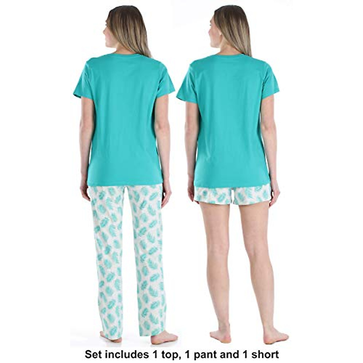 Frankie & Johnny Women's 3 Piece Knit Pajama Set - Top, Pant and Short, Short & Pant Set - Palm Tree, Medium