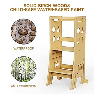 ZARKEET Wooden Toddler Standing Tower, 2 in 1 Kitchen Toddler Tower Helper Stool for Toddlers 1-3,Baby Wood Anti-Drop Safety Rail Step Stools for Bathroom & Kitchen Counter