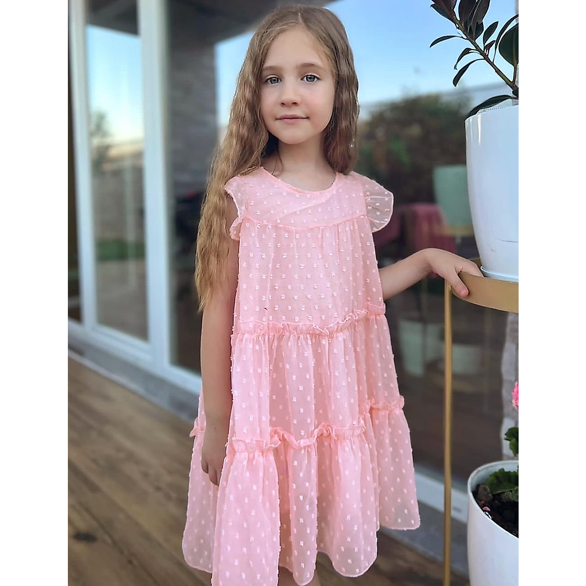 AGQT Toddler Girls Summer Dress Loose Fit Swiss Dots Flowy Pleated Dress Ruffle Babydoll Birthday Chiffon Dress Pink Size 1-2T