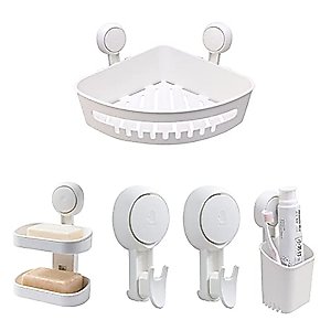 Shower Caddy Suction Cup Set, No-Tool No-Drill No Glue Installation Shower Organizer Set, Removable Suction Corner Shower Shelf Set, Kitchen Organizer Set, Bathroom Caddy Set - Pack of 5, White, Including Corner Caddy, Double Layer Soap Dish, Toothbrush/T