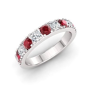 Diamondere Natural and Certified Ruby and Diamond Wedding Ring in 14K White Gold | 0.92 Carat Half Eternity Stackable Band for Women, US Size 7
