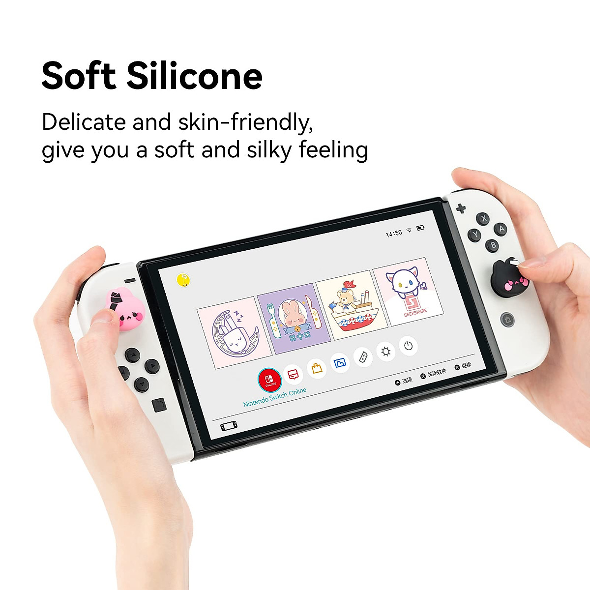 GeekShare Cute Silicone Joycon Thumb Grip Caps, Joystick Cover Compatible with Nintendo Switch/OLED/Switch Lite,4PCS - Bunny & Kitty