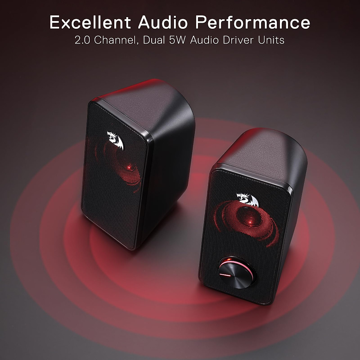 Redragon GS500 Stentor PC Gaming Speaker, 2.0 Channel Stereo Desktop Computer Speaker with Red Backlight, Quality Bass and Crystal Clear Sound, USB Powered with a 3.5mm Connector