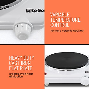 Elite Gourmet ESB-301F Countertop Single Cast Iron Burner, 1000 Watts Electric Hot Plate, Temperature Controls, Power Indicator Lights, Easy to Clean, White