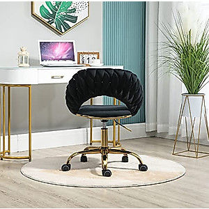 Velvet Home Office Desk Chair, Modern Adjustable Swivel Task Chair, Upholstered Cute Vanity Chair with Woven Back, Tufted Computer Chair with Gold Metal Base for Office, Bedroom, Study, Black