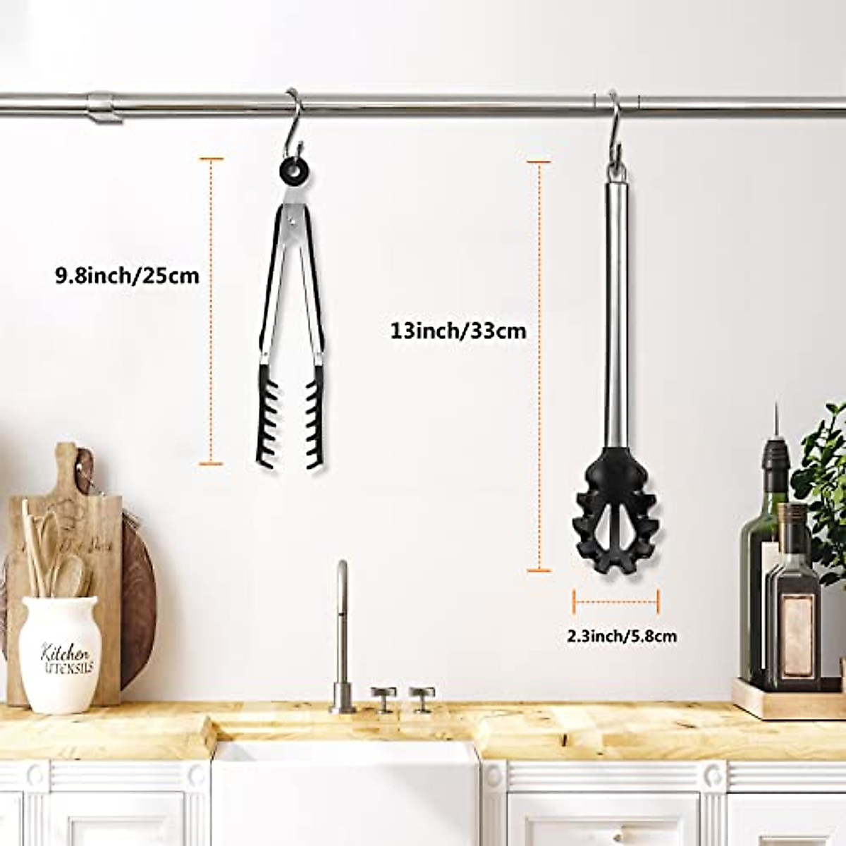 2 Pieces Spaghetti Spoon and Pasta Tong,Non-stick 13-Inch Silicone Spaghetti Fork and 9.8-Inch Stainless Steel Handle Spaghetti Tong Food Clip for Spaghetti Noodle