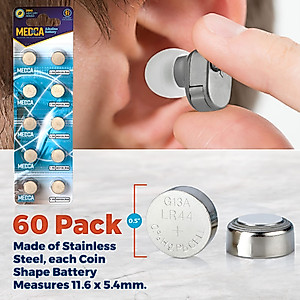 MEDca 1.5V Alkaline Batteries - LR44 AG13 357 303 SR44 Battery - Button Coin Cell for Hearing Aids and Amplifiers, Toys, Remotes, Calculators, Lasers | Long Lasting Power | Anti Corrosion | 60 PCS