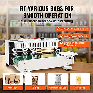 VEVOR Continuous Bag Band Sealing Machine, 0.24-0.47 in/6-12 mm Seal Width, Horizontal Band Sealer Machine with Digital Temperature Control, Bag Sealer for 0.02-0.8 mm Plastic Bags with Count Function