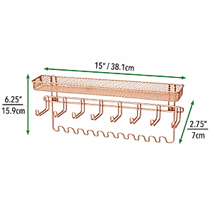 mDesign Steel Wall Mount Bedroom Closet Jewelry Storage Organizer Rack with 8 Hooks/Basket - Decorative Hanger Holder for Necklace, Bracelet, Belt, Accessories - Concerto Collection, Rose Gold