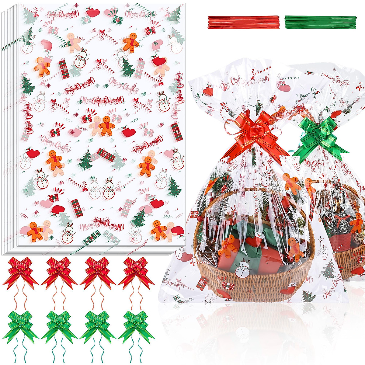 MIMIND 12 Pieces Christmas Large Basket Bags Clear Cellophane Bags 20 x 28 Inch Red Green Basket Bags Clear Thickened Gift Cookie Bags with Red Green Twist Ties, Bows Ribbon for Christmas Gift Baskets