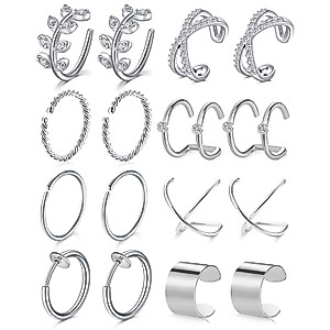 Longita Fake Earrings Ear Cuff Earrings for Women non Piercing Ear Clip On Fake Cartilage Earring Hoop Crossed Conch Helix Hoop Earrings Fake Cartilage Silver