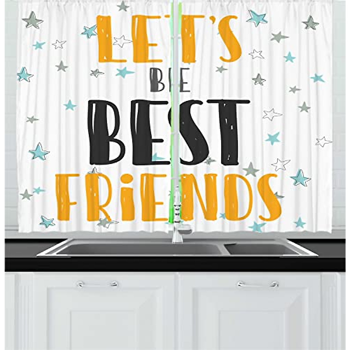 Ambesonne Best Friend Long Kitchen Curtains, Long Bold Font with Pastel Cold Toned Stars on The Backdrop Let's Be Friends, Two Panels Drapes with Rod Pocket Room Decor, 55" x 45", White Orange