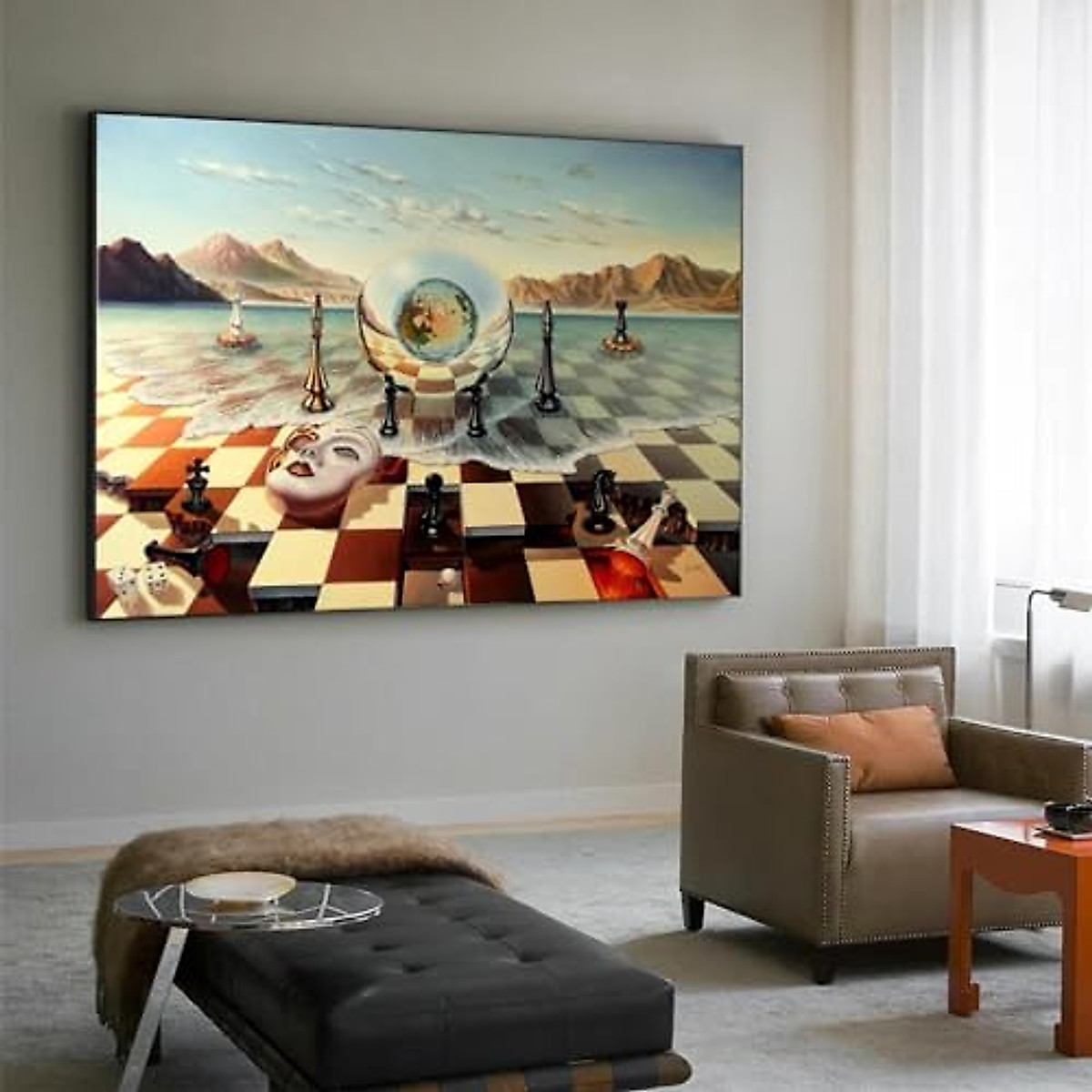 KDXAOBEI Modern Wall Art Pictures Salvador Dali Surrealism Chess Mask On Sea Canvas Painting Wall Art Abstract Prints Posters 20"x28"(50x70cm) with-gold-frame