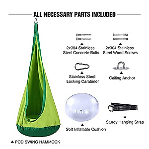 RedSwing Pod Swing for Kids, Cotton Child Hanging Pod Hammock Chair with Inflatable Cushion for Indoor Outdoor Use, Hardware Included, Green