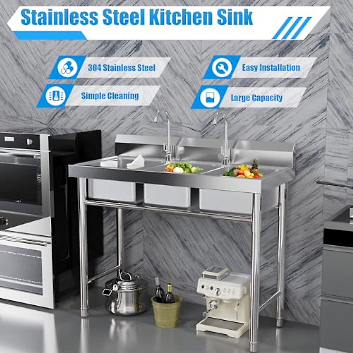 3 Compartment Commercial Utility Sink, 304 Stainless Steel Laundry Tub Culinary Sink, Freestanding Prep & Utility Washing Sink with 2 Faucets, Restaurant Sink Station for Outdoor Indoor