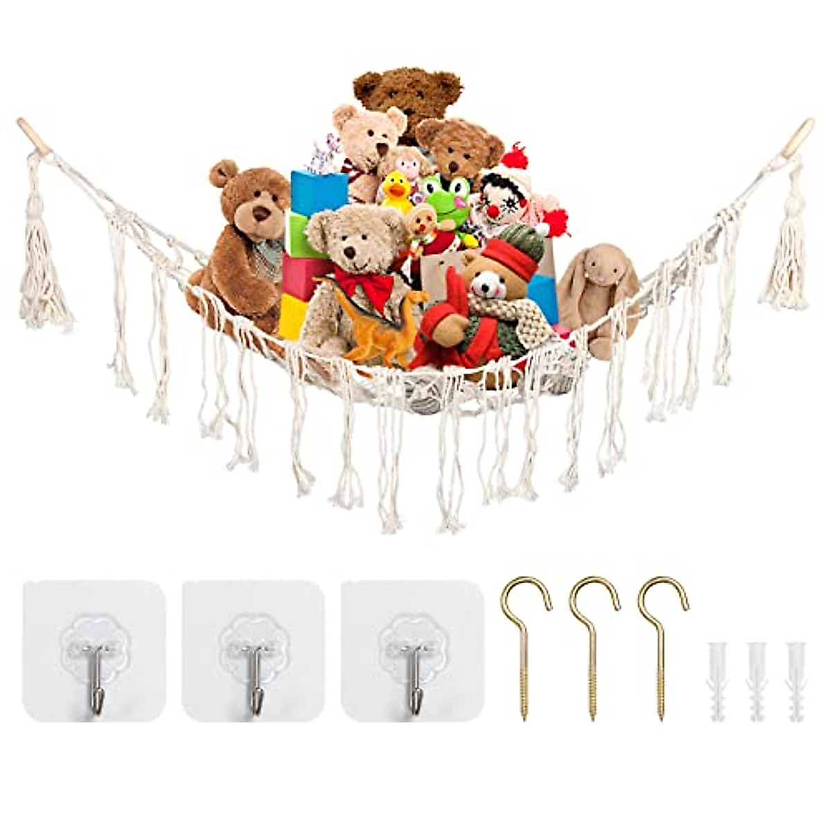 Cabilock Macrame Toy Hammock Macrame Hanging Net Kids Hanging Toys Fruit Basket Boho Wall Baskets Organizer Baskets Countertop Space Saver for Fruits Vegetables Corner Stuffed Animal Hammock