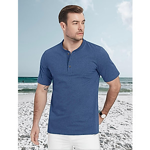 MAGCOMSEN Short Sleeve Henley Men Cotton Lightweight 3 Button Tops Vintage Casual Summer Shirt Soft Fashion Grey Blue M