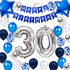 30th Birthday Party Decoration Blue Silver for Men, Happy Birthday Banner Number 30 Birthday Star Foil Balloons Latex Confetti Balloons for Men Him Boyfriends Husband 30 Years Old Birthday(30th)