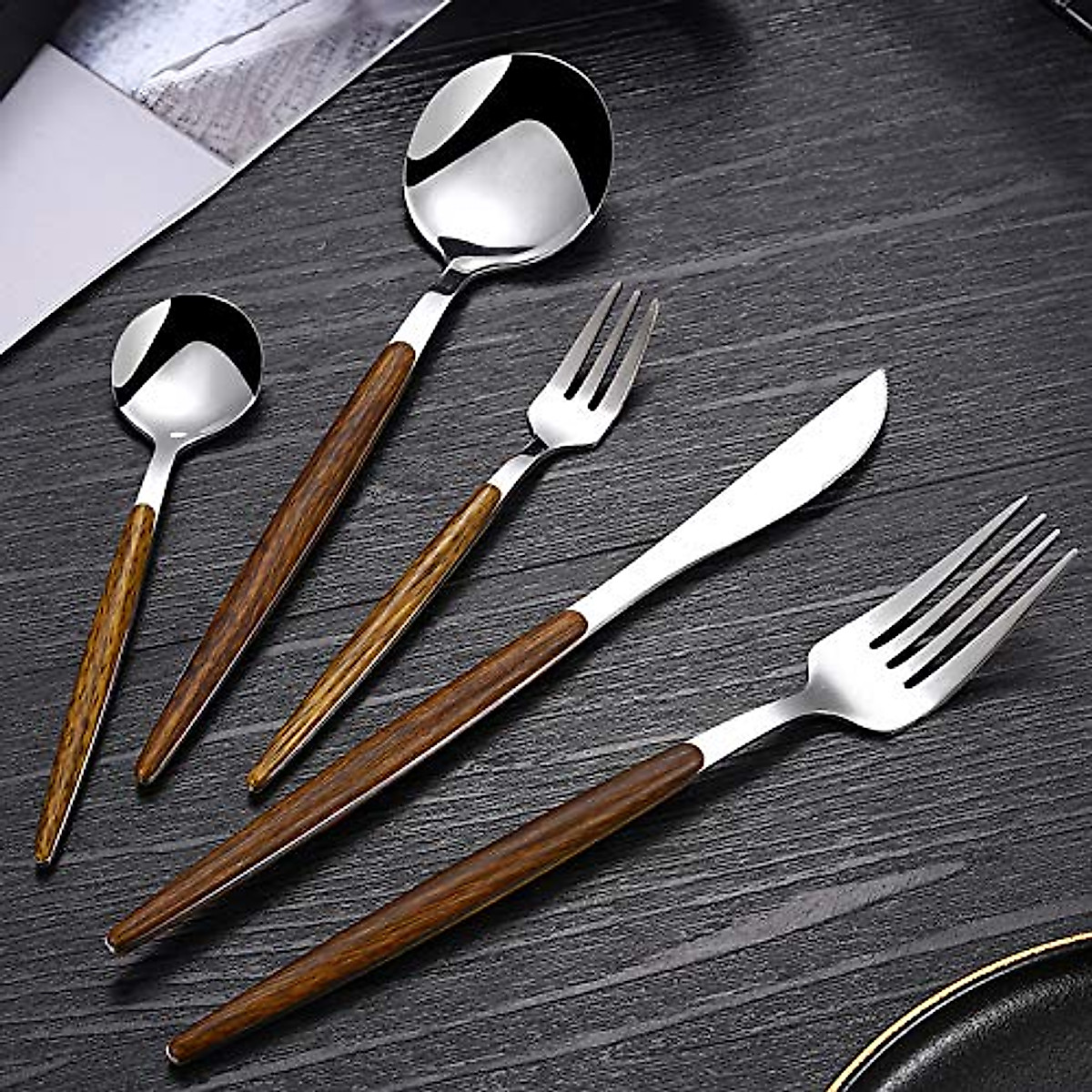 20-Piece Silverware Set with Faux Wooden Handle, Stainless Steel Flatware Set, Tableware Cutlery Set for 4 Including Forks Spoons Knives, Utensil Set for Home and Restaurant,Hand Wash Recommended