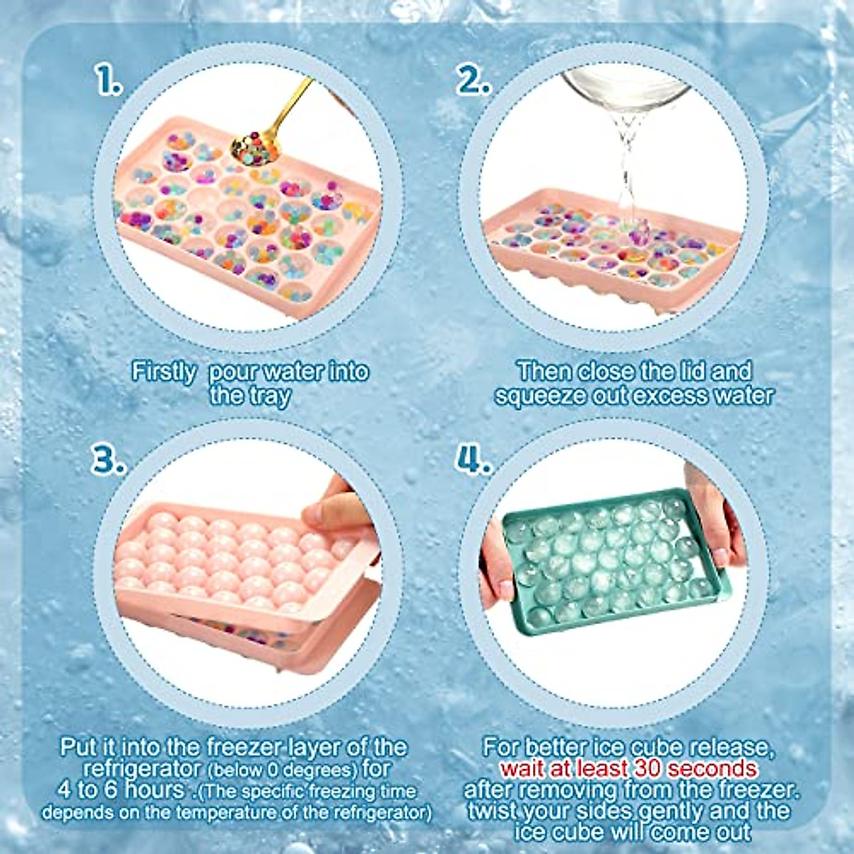 4 Pack Round Ice Cube Tray with Lid Mini Ice Ball Maker Mold Ice Cube Mold Trays Ice Trays for Freezer Sphere Ice Cube Tray Ice Ball Tray Making 132 Pcs Sphere and Ice Tong (6.69 x 3.94 x 0.79 Inch)