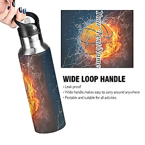 ZOEO Custom Stainless Steel Water Bottle Personalized Name Basketball Fire with Straw Lid Insulated Keeps Hot and Cold Flask Jug for Sports Gym Cycling Outdoor 20 Oz
