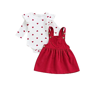 Comeonze My First Valentine's Day Newborn Infant Baby Girl Outfits Heart Print Ribbed Romper Corduroy Strap Dress Skirt Set (red,6-9 Months)