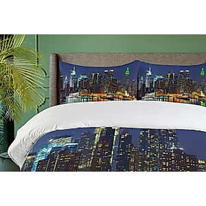 Ambesonne New York Duvet Cover Set, NYC Midtown Skyline in Evening Skyscrapers Metropolis City States Photo, Decorative 3 Piece Bedding Set with 2 Pillow Shams, Queen Size, Royal Blue
