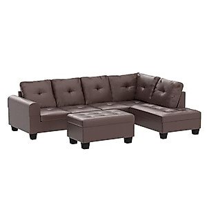 AWQM Upholstered Sectional Sofa w/Chaise Lounge, Modern L Shaped Sofa Couch with Storage Ottoman Bench, PU Leather Sectional Couches with Cup Holder for Living Room Small Space