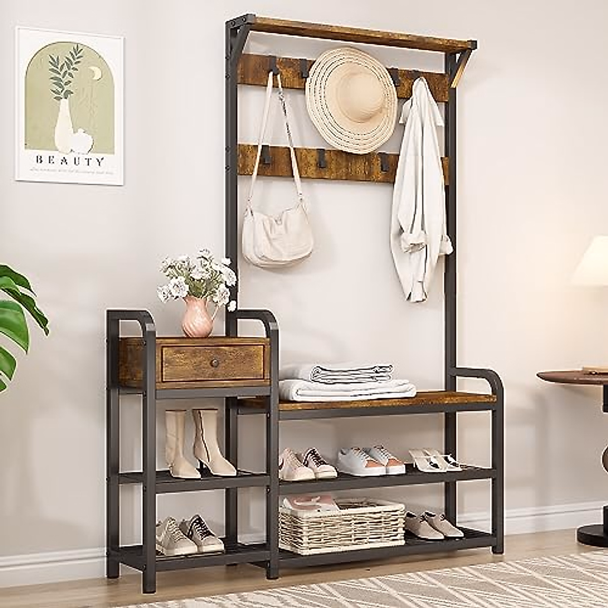 JUNZYOUY 5 in 1 Entryway Coat Rack Shoe Bench，Hall Tree with Bench, Entryway Bench with Coat Rack, with Shoe Rack, Storage Drawer, 9 Hooks, Coat Rack with Bench, Rustic Brown.