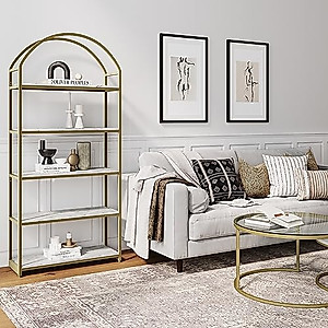 Nathan James Haven Etagere Bookshelf, 5-Shelf Faux Marble Bookcase in White Faux Marble Finish and Gold Metal Frame with Arch Top and Open Shelves, White/Gold