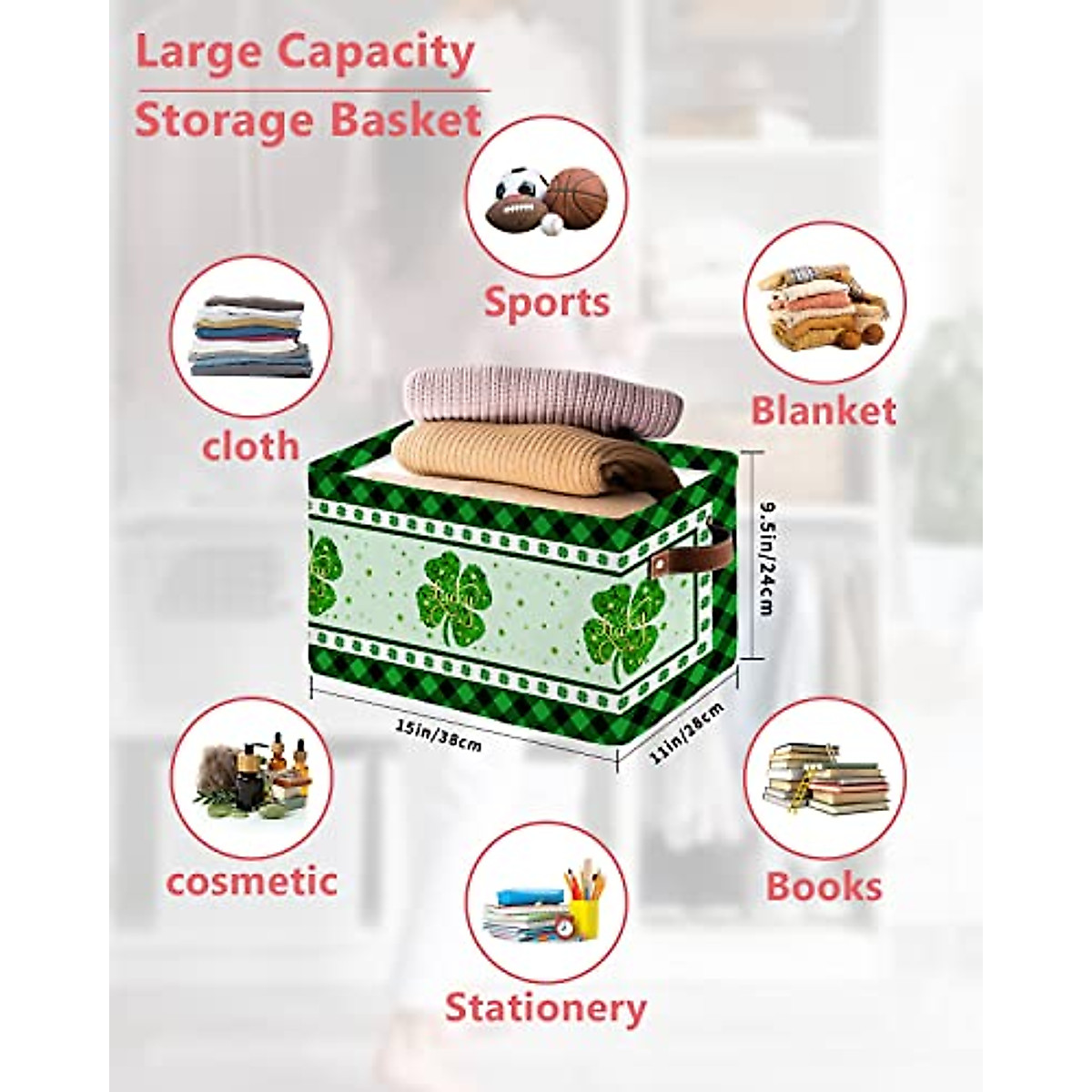 Storage Bins,Spring Four Clover Leaf Green Lattice Lucky Quote St. Patrick's Day Storage Basket with Handles,Waterproof Collapsible Storage Bin,Shamrock Storage Organizer for Shelves Closet