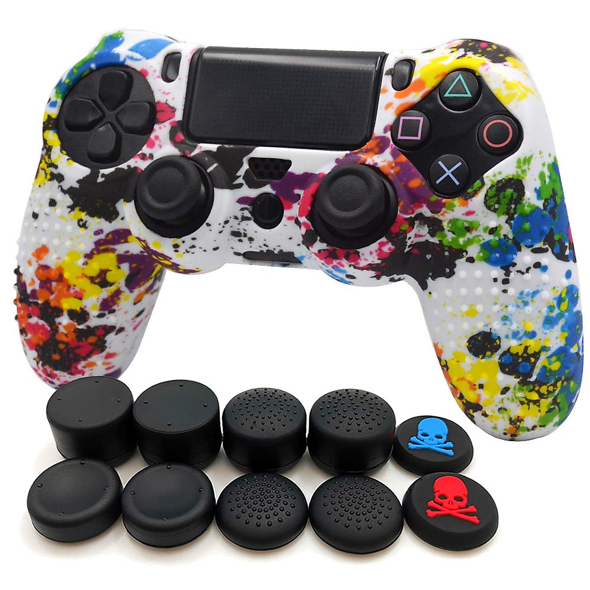 FOTTCZ Anti-Slip Silicone with Dots on Hand Grip Skin Set, Protect for PlaySation 4 Controller (Alias Wireless DualShock 4), which 1pcs Controller Skin + 8pcs Thumb Grip Caps - Rainbow Camo