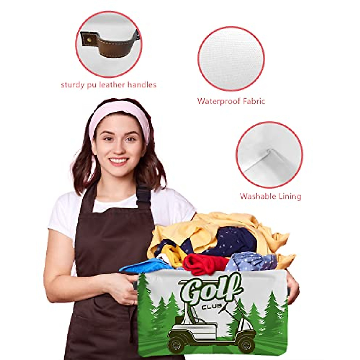 Golf Cart Storage Baskets for Organizing, Golf Club Green Field Pine Tree Balls Sports Theme Fabric Storage Bins for Shelf, Collapsible Cube Bin with Handles for Closet（15''x11''x9.5''）