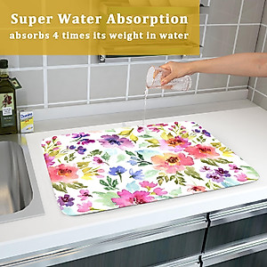 Floral Dish Drying Mats for Kitchen Counter Large Drying Mat for Dishes Microfiber Dish Rack Mat Kitchen Decor Spring Summer Flower Drainer Pad Washable Foldable Ultra Absorbent Dry Mat 18×24 Inch