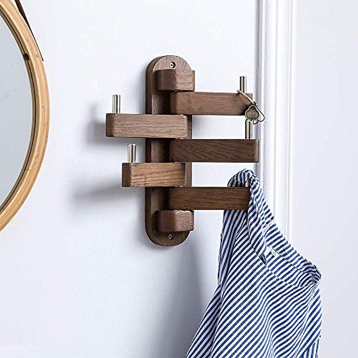 Coat Hooks for Wall, Walnut Wood Wall Hooks with 5 Swivel Foldable Arms, 12'' Length Wall Coat Rack Hat Hooks for Bathroom Entryway Bedroom Office Kitchen, Heavy Duty