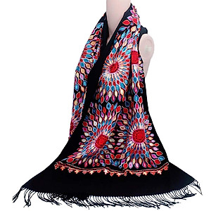 Urban CoCo Women's Embroidered Oversize Tassel Shawl Scarf Wraps for Women (Black)