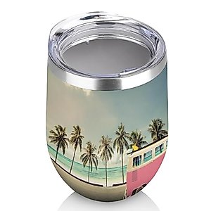 silichee 12 Oz Stainless Steel Tumbler Cups Water Bottle with Lid Vintage Car in the Beach Surfboard Roof Insulated Tumblers Vacuum Coffee Mugs for Hot and Cold Coffee,Wine,Drinks