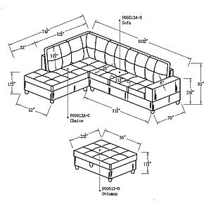 NOTOP 3-Piece Faux Leather L-Shaped Sectional Sofas, Button Tufted Upholstered Couch Set with Left Chaise Longue and Storage Ottoman, for Living Room, Home, Office, Powder