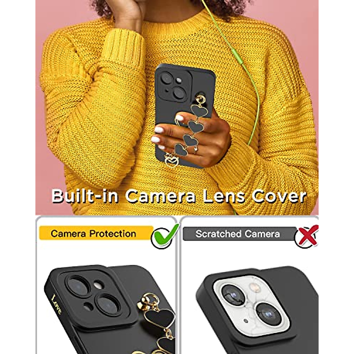 AICase iPhone 14 Case for Women with Full Camera Lens Protection and Hand Strip Loop, Silicone Heart Girly Cute Side Soft Slim Shockproof Protective Cover for iPhone 14 6.1 inch-1