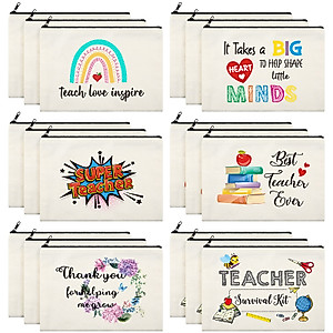 Saintrygo 18 Pcs Christmas Teacher Appreciation Gifts in Bulk Teacher Makeup Bags for Women 6 Styles Teacher Canvas Travel Toiletry with Zipper for Teacher's Day Graduation Back to School(Cute)
