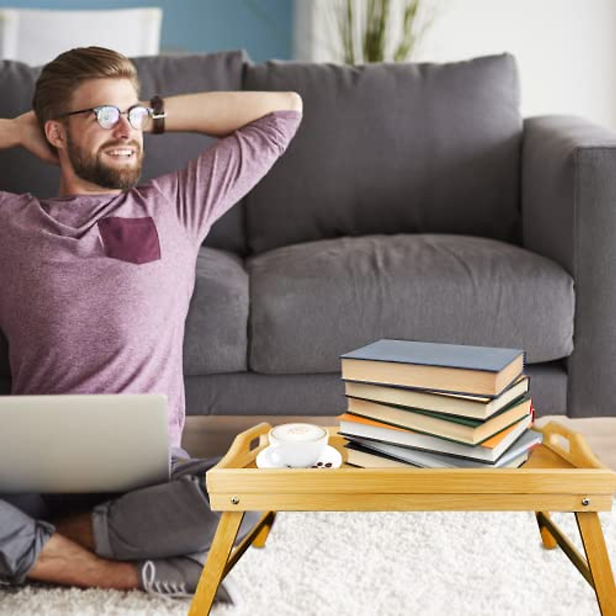 Bed Tray Table with Folding Legs, Bamboo Breakfast Food Lap Tray for Eating, Bed, Sofa, Working, Drawing, Kitchen Platters Desk Foldable Serving Bed Tray with Handles Laptop Computer Snack Tray Table