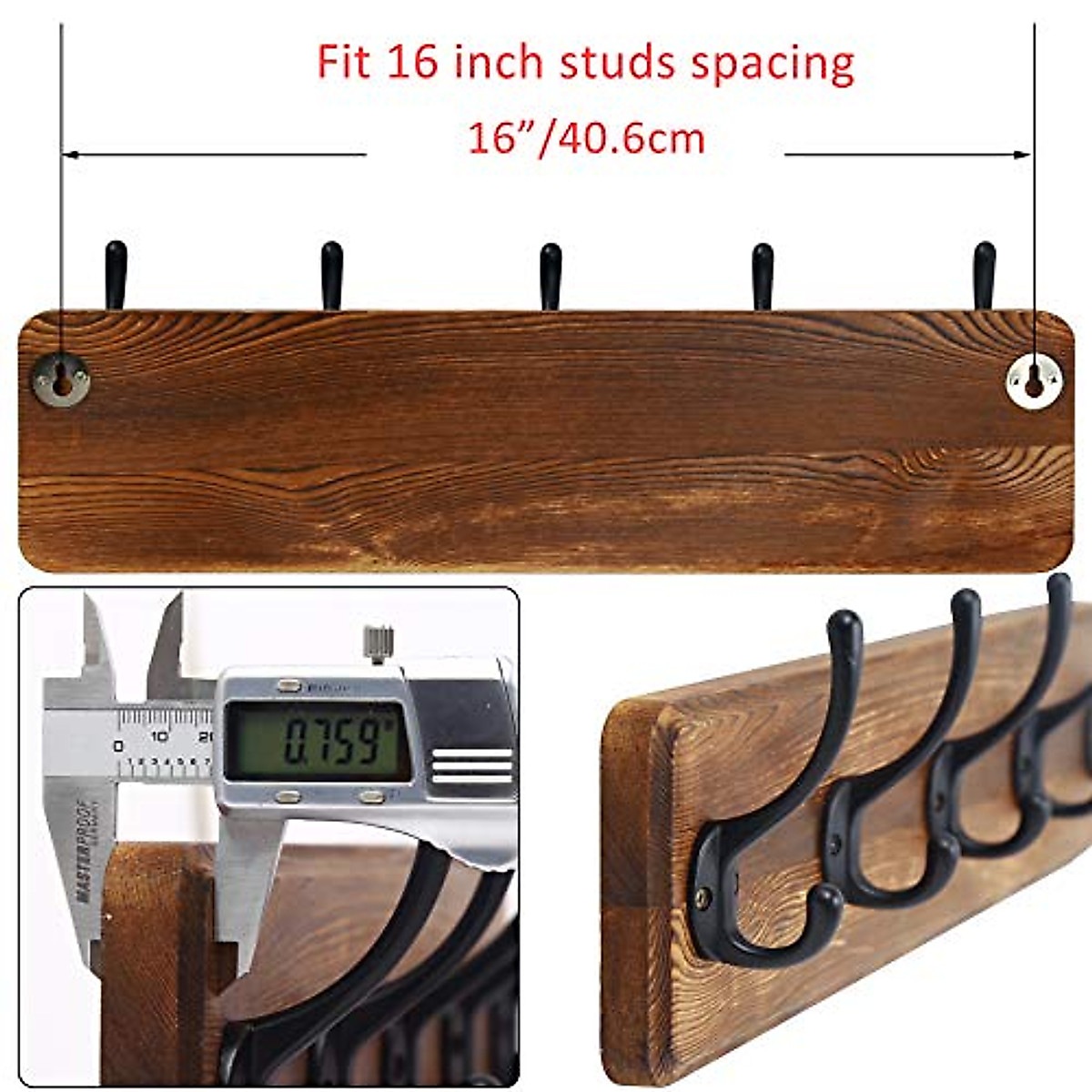 WEBI Coat Rack Wall Mounted,Wood Coat Hooks Wall Mounted,16’’ Hole to Hole,Coat Hanger Wall,Hook Rack Rail,5 Hooks for Hanging Coats,Hats,Jacket,Clothes