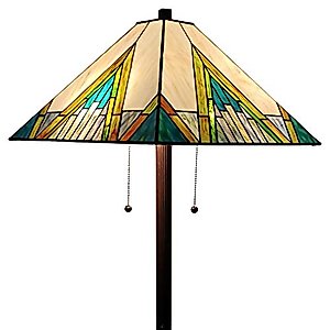 Tiffany Style Mission Standing Floor Lamp 62" Tall Stained Glass Yellow Green Brown Tan Antique Vintage Light Decor Bedroom Living Room Reading Gift Amora Lighting AM353FL17