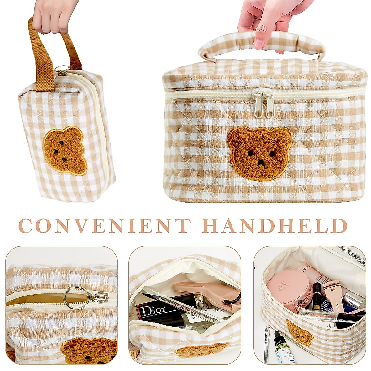 AIPJOY Kawaii Cotton Checkered Makeup Bag,Large Quilted Coquette Travel Cosmetic Bag,Cute Aesthetic Pouch Purse Toiletry Bag For Women（2pcs）