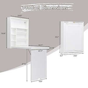 JAXPETY Wall Mounted Space Saving Desk Fold Out Convertible Desk Wood Floating Writing Desk with Storage Shelves Laptop Tabletop for Home Office, White