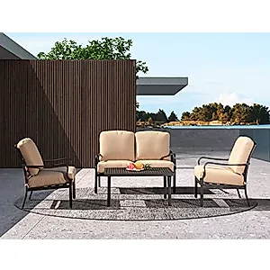 Domi Outdoor 4 pcs Patio Conversation Set, Metal Dining Table and Chairs Dining Set with Removable Beige Cushions for Garden Lawn Yard